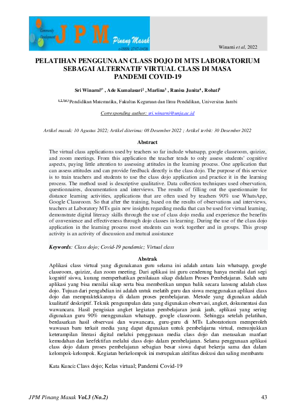 (PDF) Pelatihan Penggunaan Class dojo di MTS Laboratorium Sebagai Alternatif Virtual Class di ...
