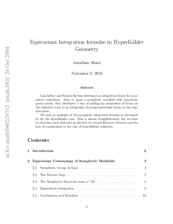 (PDF) Equivariant Integration formul{ ae} in HyperK "ahler Geometry