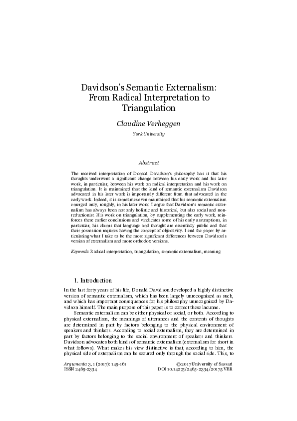 (PDF) Davidson’s Semantic Externalism: From Radical Interpretation to ...