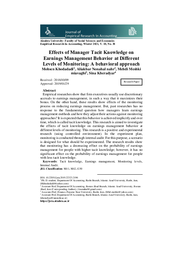 (PDF) Effects of Manager Tacit Knowledge on Earnings Management ...
