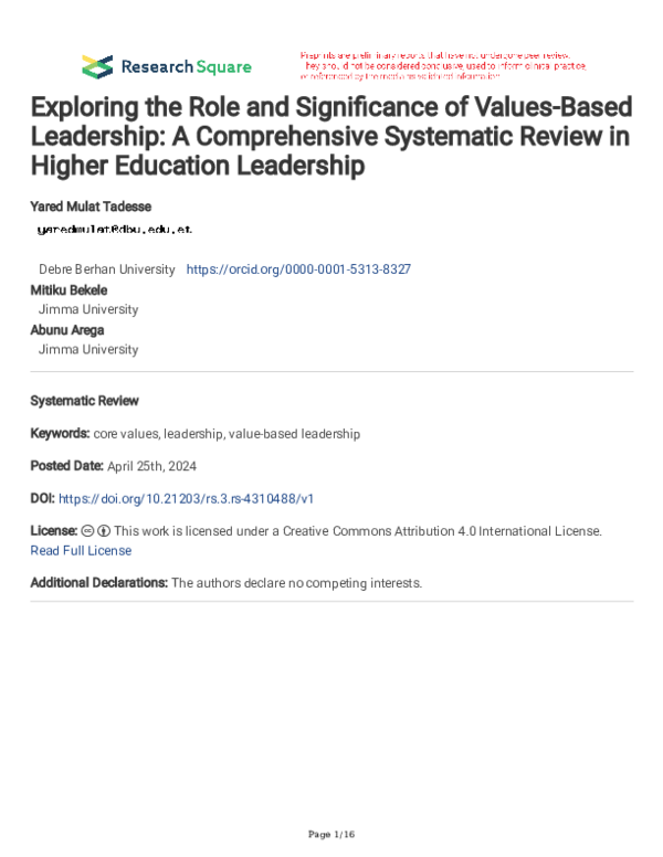 (PDF) Exploring the Role and Significance of Values-Based Leadership: A ...