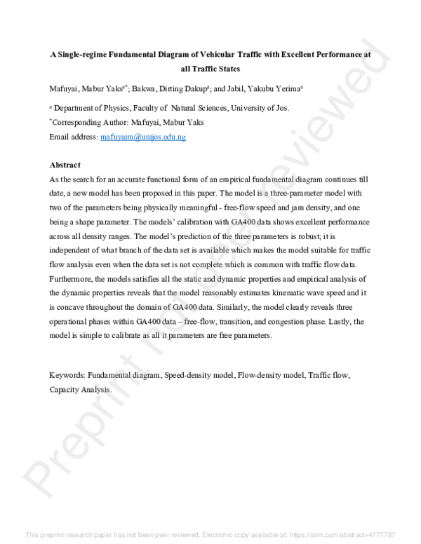 Pdf A Single Regime Fundamental Diagram Of Vehicular Traffic With Excellent Performance At All