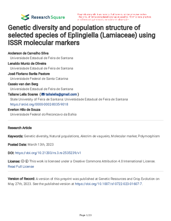 (PDF) Genetic diversity and population structure of selected species of Eplingiella (Lamiaceae ...