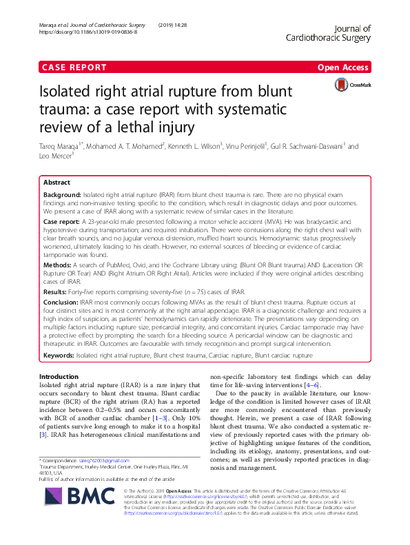 (PDF) Isolated right atrial rupture from blunt trauma: a case report ...