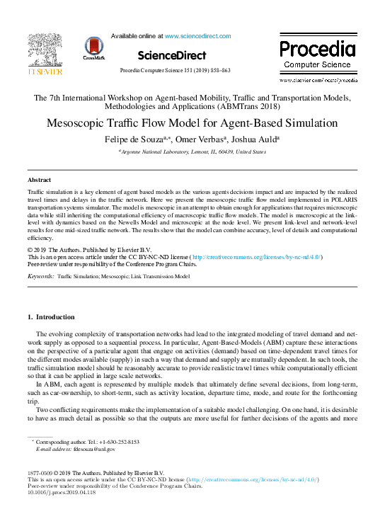 Pdf Mesoscopic Traffic Flow Model For Agent Based Simulation