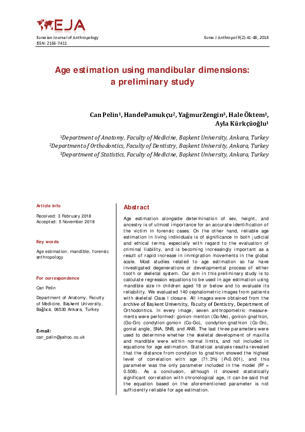 (PDF) Age estimation using mandibular dimensions: a priliminary study