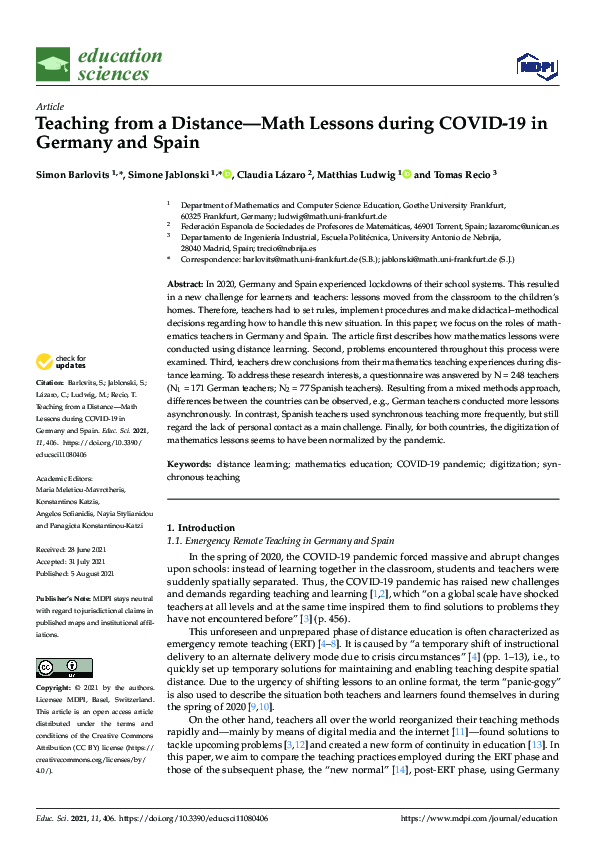 (PDF) Teaching from a Distance—Math Lessons during COVID-19 in Germany ...