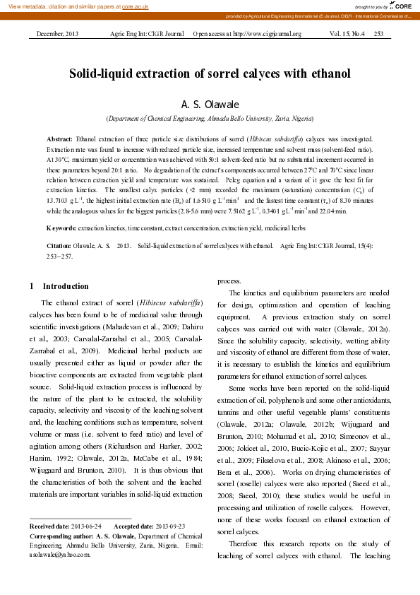 (PDF) Solid-liquid extraction of sorrel calyces with ethanol | Adegboyega S U R A J U D E E N ...
