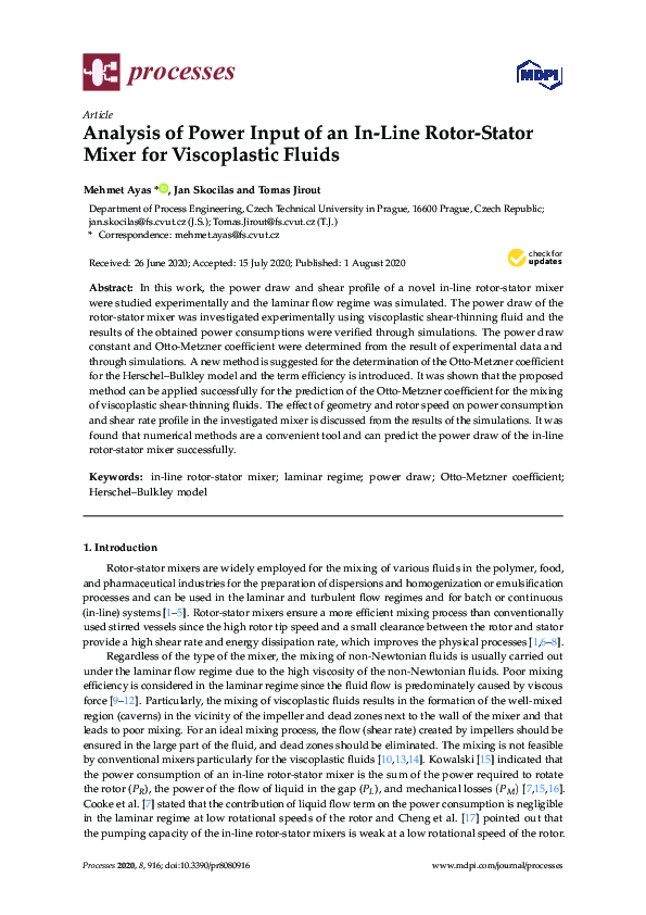 (PDF) Analysis of Power Input of an In-Line Rotor-Stator Mixer for Viscoplastic Fluids | mehmet ...