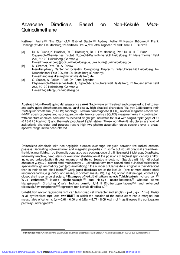 (PDF) Azaacene Diradicals Based on Non-Kekulé Meta- Quinodimethane