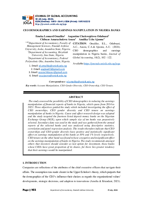 (PDF) CEO DEMOGRAPHICS AND EARNINGS MANIPULATION IN NIGERIA BANKS