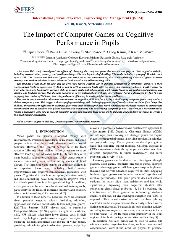 (PDF) The Impact of Computer Games on Cognitive Performance in Pupils