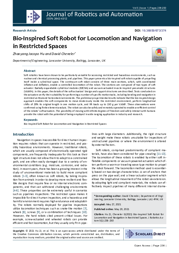 (PDF) Bio-Inspired Soft Robot for Locomotion and Navigation in Restricted Spaces