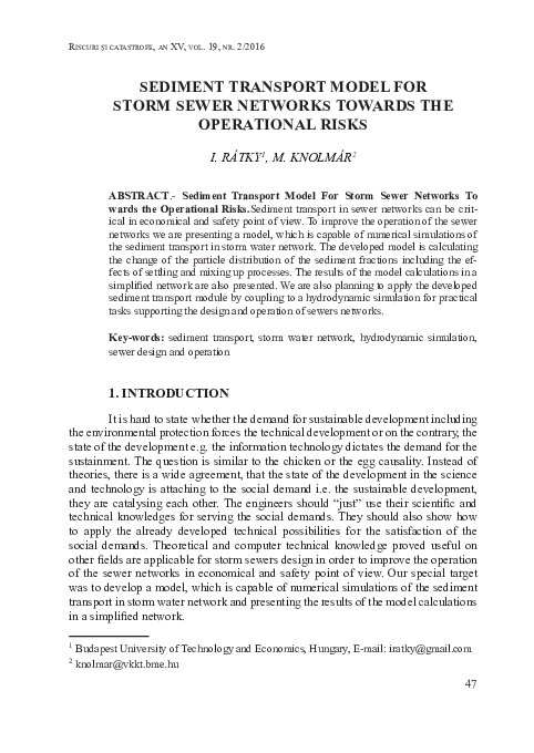 (PDF) Sediment Transport Model for Storm Sewer Networks Towards the Operational Risks