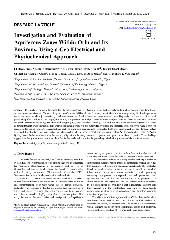 (PDF) Investigation and Evaluation of Aquiferous Zones Within Orlu and ...