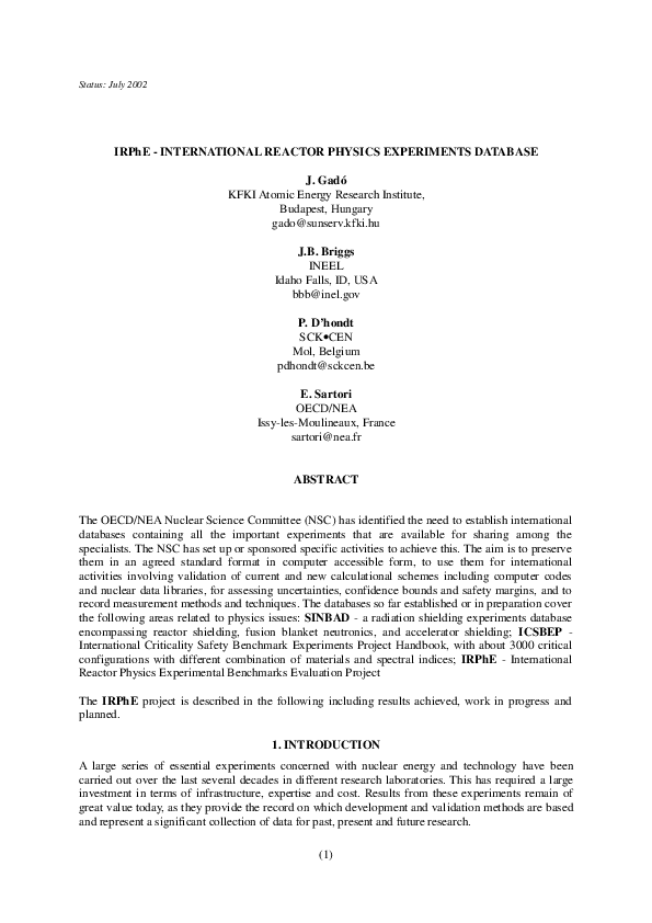 (PDF) IRPhE - INTERNATIONAL REACTOR PHYSICS EXPERIMENTS DATABASE