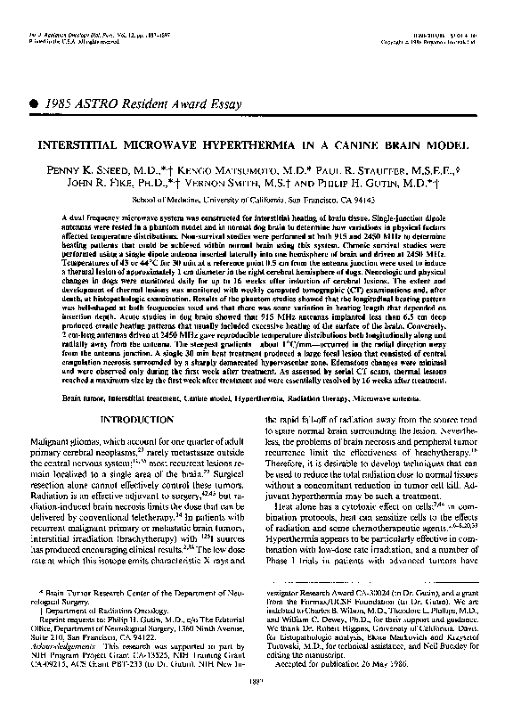 (PDF) Interstitial microwave hyperthermia in a canine brain model