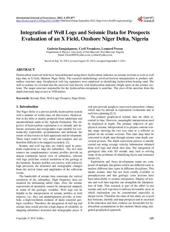 (PDF) Integration of Well Logs and Seismic Data for Prospects Evaluation of an X Field, Onshore ...