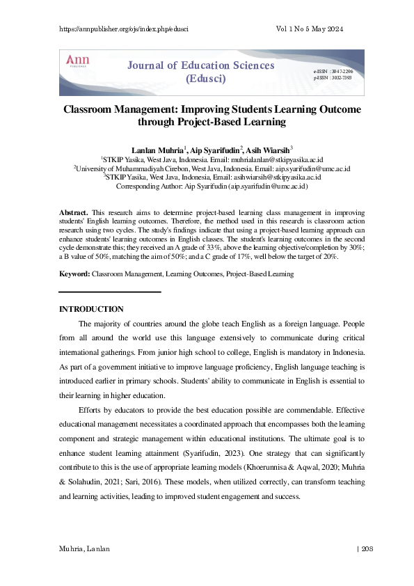 (PDF) Classroom Management: Improving Students Learning Outcome through Project-Based Learning