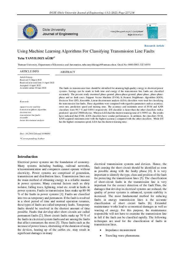 Pdf Using Machine Learning Algorithms For Classifying Transmission Line Faults