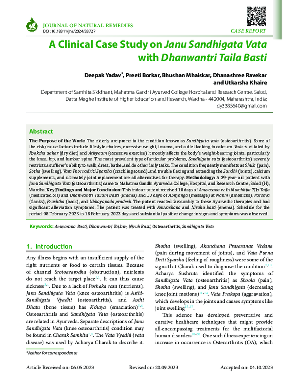 (PDF) A Clinical Case Study on Janu Sandhigata Vata with Dhanwantri Taila Basti