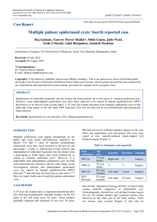 (PDF) Multiple palmar epidermoid cysts: fourth reported case