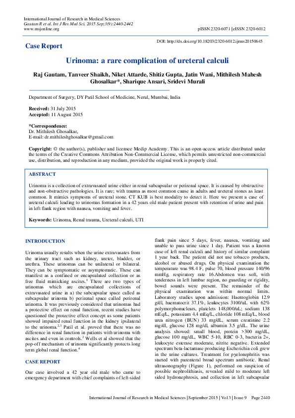 (PDF) Urinoma: a rare complication of ureteral calculi
