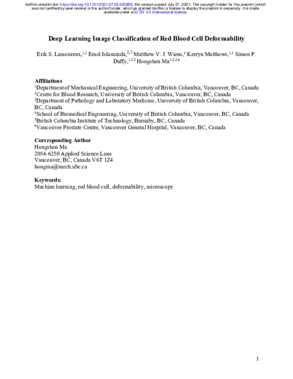 (PDF) Deep Learning Image Classification of Red Blood Cell Deformability