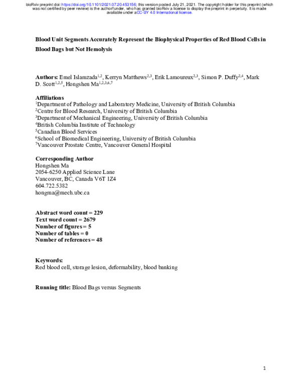 (PDF) Blood Unit Segments Accurately Represent the Biophysical ...