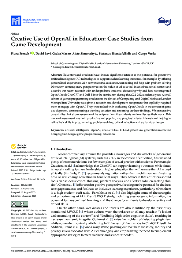 (PDF) Creative Use of OpenAI in Education: Case Studies from Game Development
