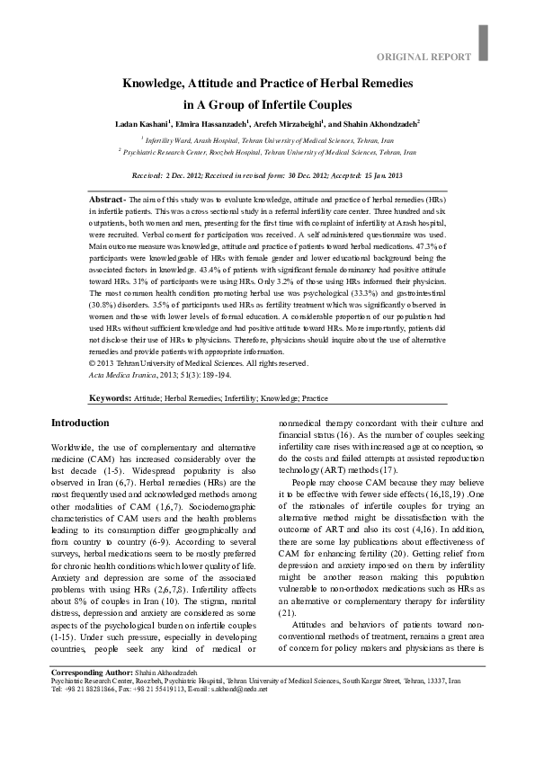 (PDF) ORIGINAL REPORT Knowledge, Attitude and Practice of Herbal Remedies in A Group of ...