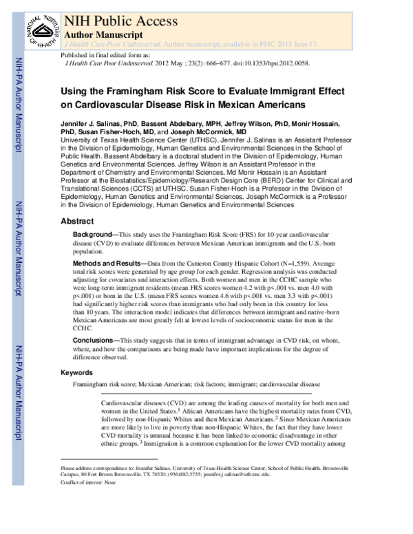 (PDF) Using the Framingham Risk Score to Evaluate Immigrant Effect on ...