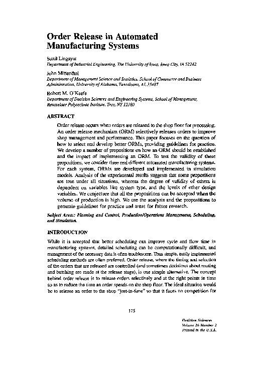 (PDF) Order Release in Automated Manufacturing Systems