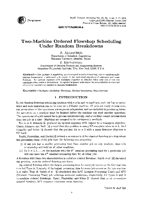 (PDF) Two-machine ordered flowshop scheduling under random breakdowns