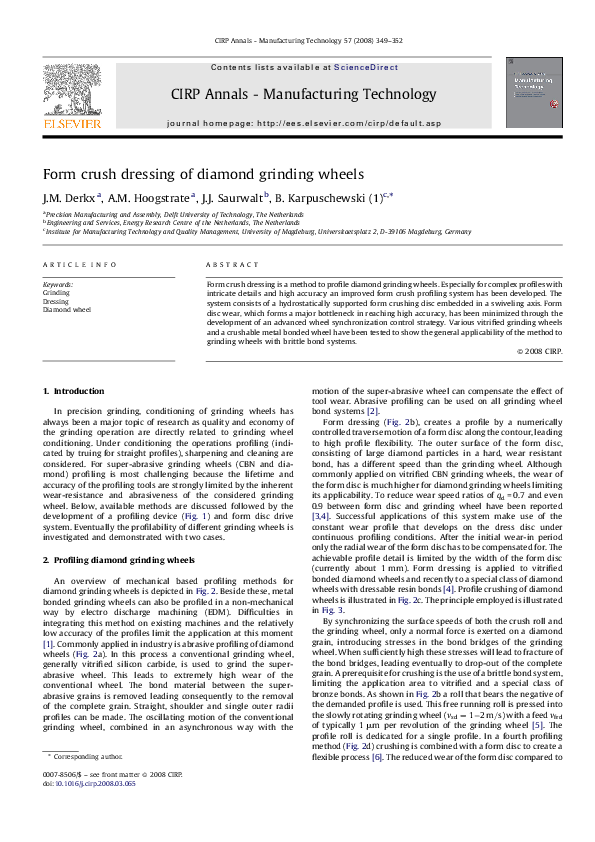 (PDF) Form crush dressing of diamond grinding wheels