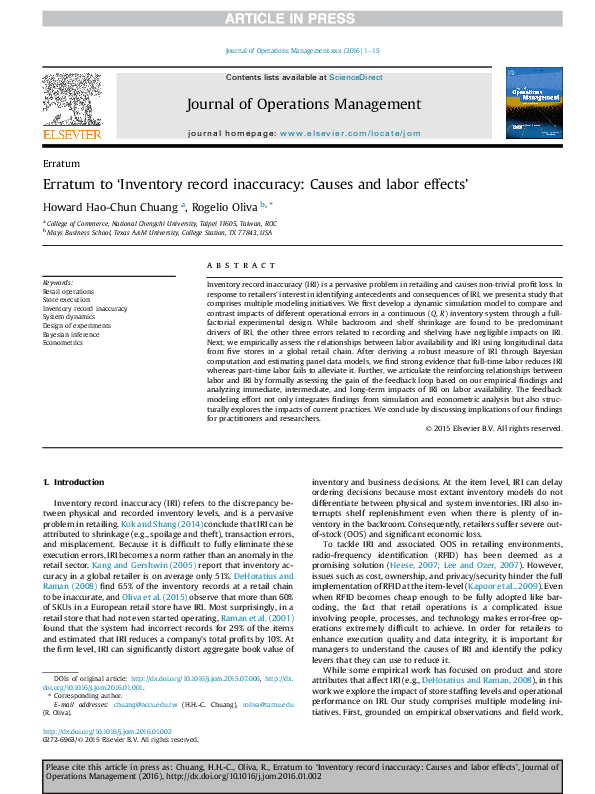(PDF) Erratum to ‘Inventory record inaccuracy: Causes and labor effects’