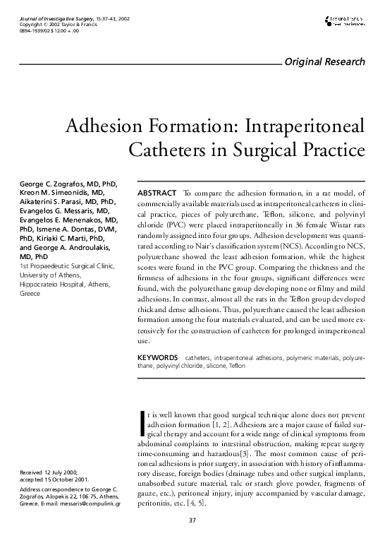 (PDF) Adhesion Formation: Intraperitoneal Catheters in Surgical Practice