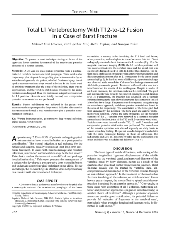 (PDF) Total L1 Vertebrectomy With T12-to-L2 Fusion in a Case of Burst ...