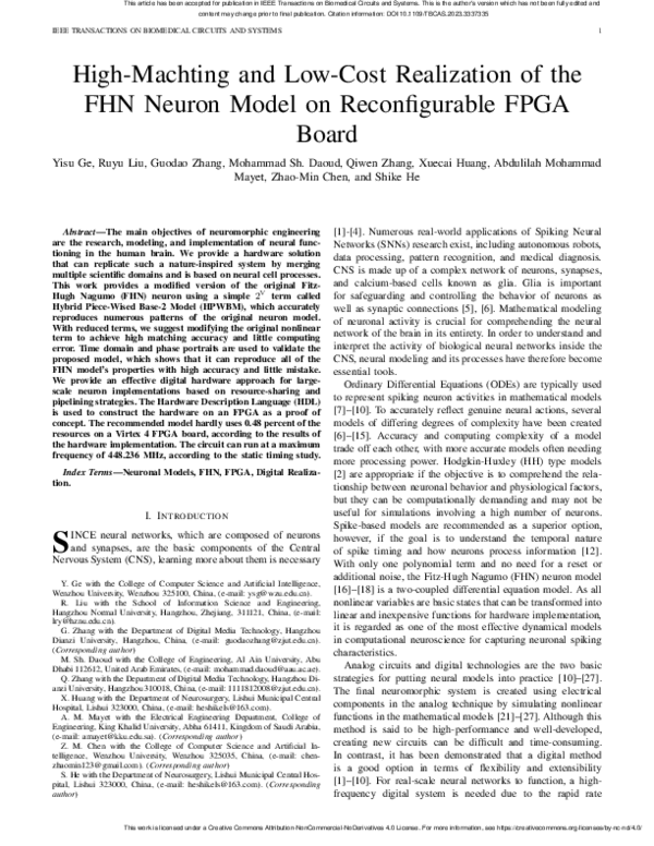 (PDF) High-Machting and Low-Cost Realization of the FHN Neuron Model on ...