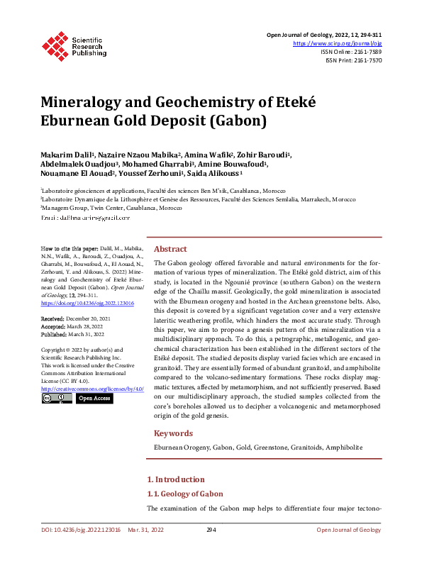 (PDF) Mineralogy and Geochemistry of Eteké Eburnean Gold Deposit (Gabon)