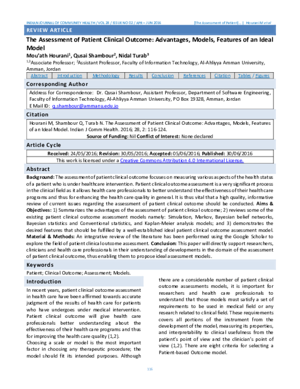 (PDF) The Assessment of Patient Clinical Outcome: Advantages, Models ...