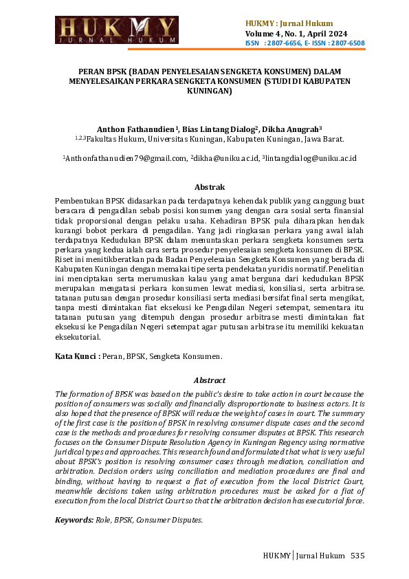 (PDF) Peran BPSK (Badan Penyelesaian Sengketa Konsumen) Dalam Menyelesaikan Perkara Sengketa ...