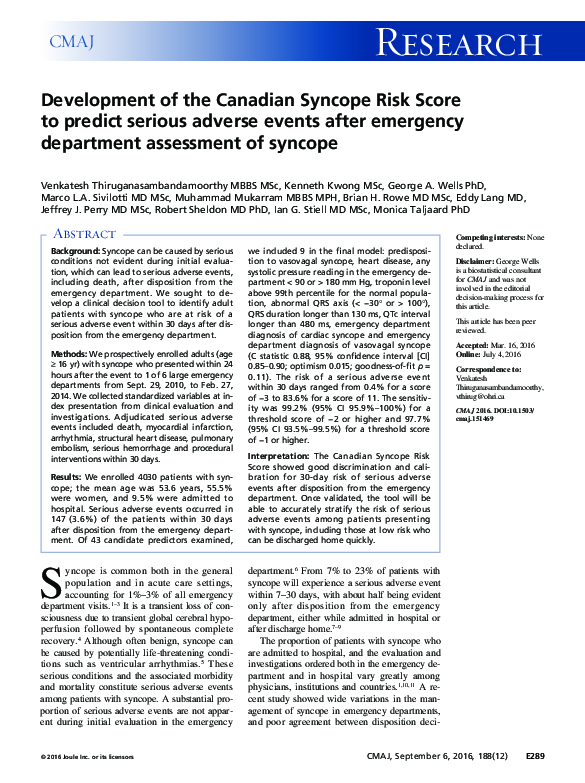 (PDF) Development of the Canadian Syncope Risk Score to predict serious ...