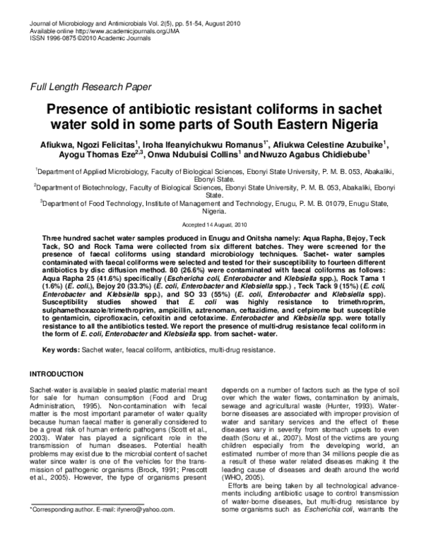 (PDF) Presence of antibiotic resistant coliforms in sachet water sold in some parts of South ...