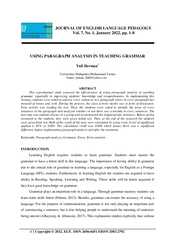 (PDF) Using Paragraph Analysis in Teaching Grammar