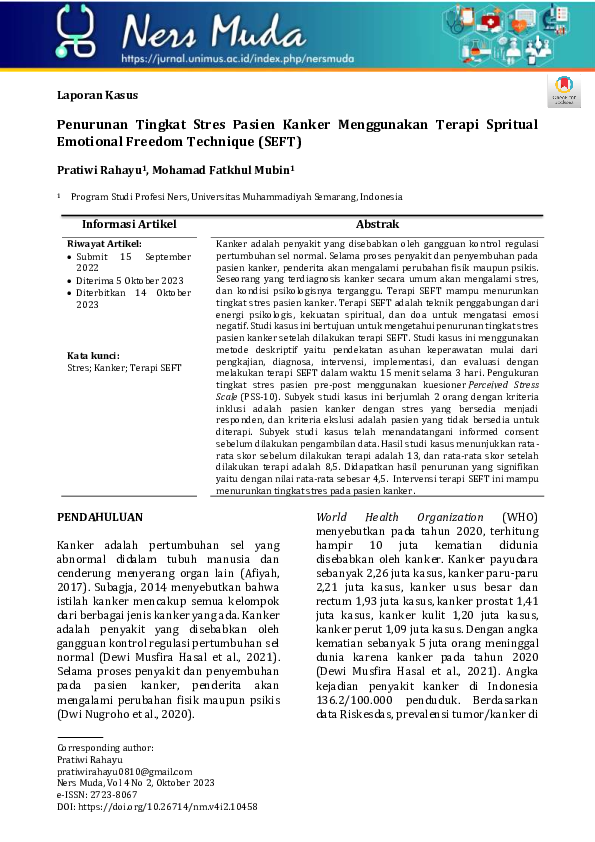 (PDF) Penurunan Tingkat Stres Pasien Kanker Menggunakan Terapi Spritual ...