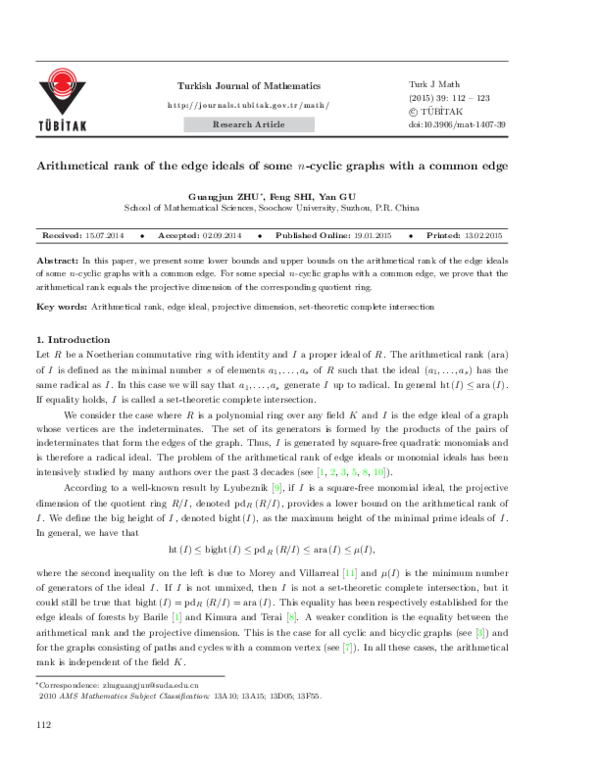 (PDF) Arithmetical rank of the edge ideals of some $n$-cyclic graphs with a common edge