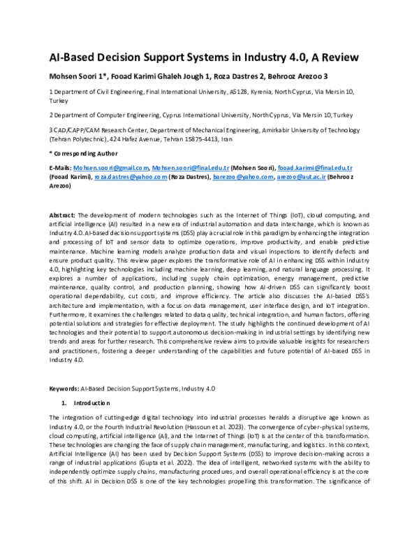 (PDF) AI-Based Decision Support Systems in Industry 4.0, A Review