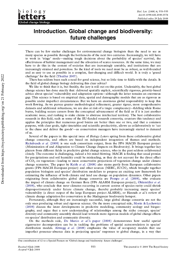 (PDF) Introduction. Global change and biodiversity: future challenges