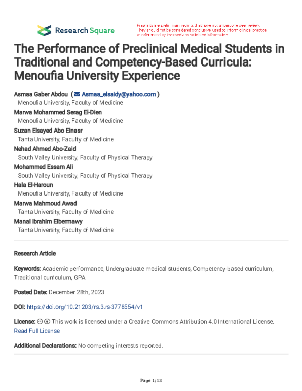 (PDF) The Performance of Preclinical Medical Students in Traditional ...
